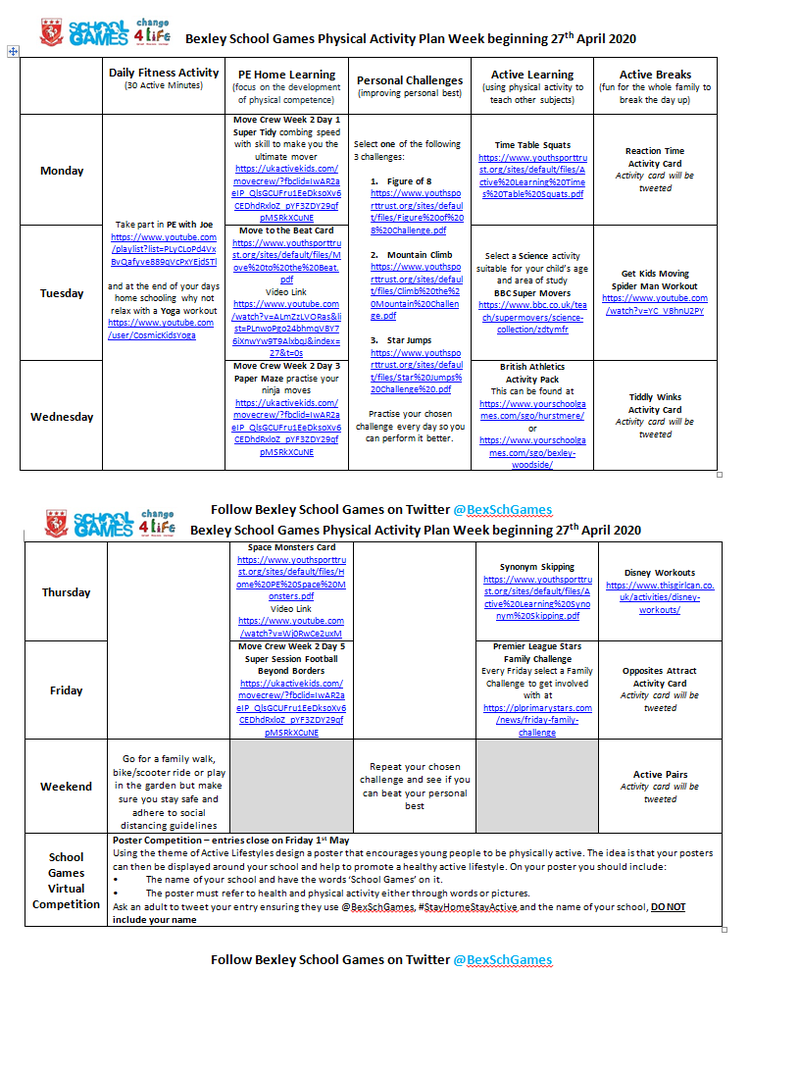 Your School Games Physical Activity Plan For Week Beginning 27th April Your School Games Physical Activity Plan For Week Beginning 27th April